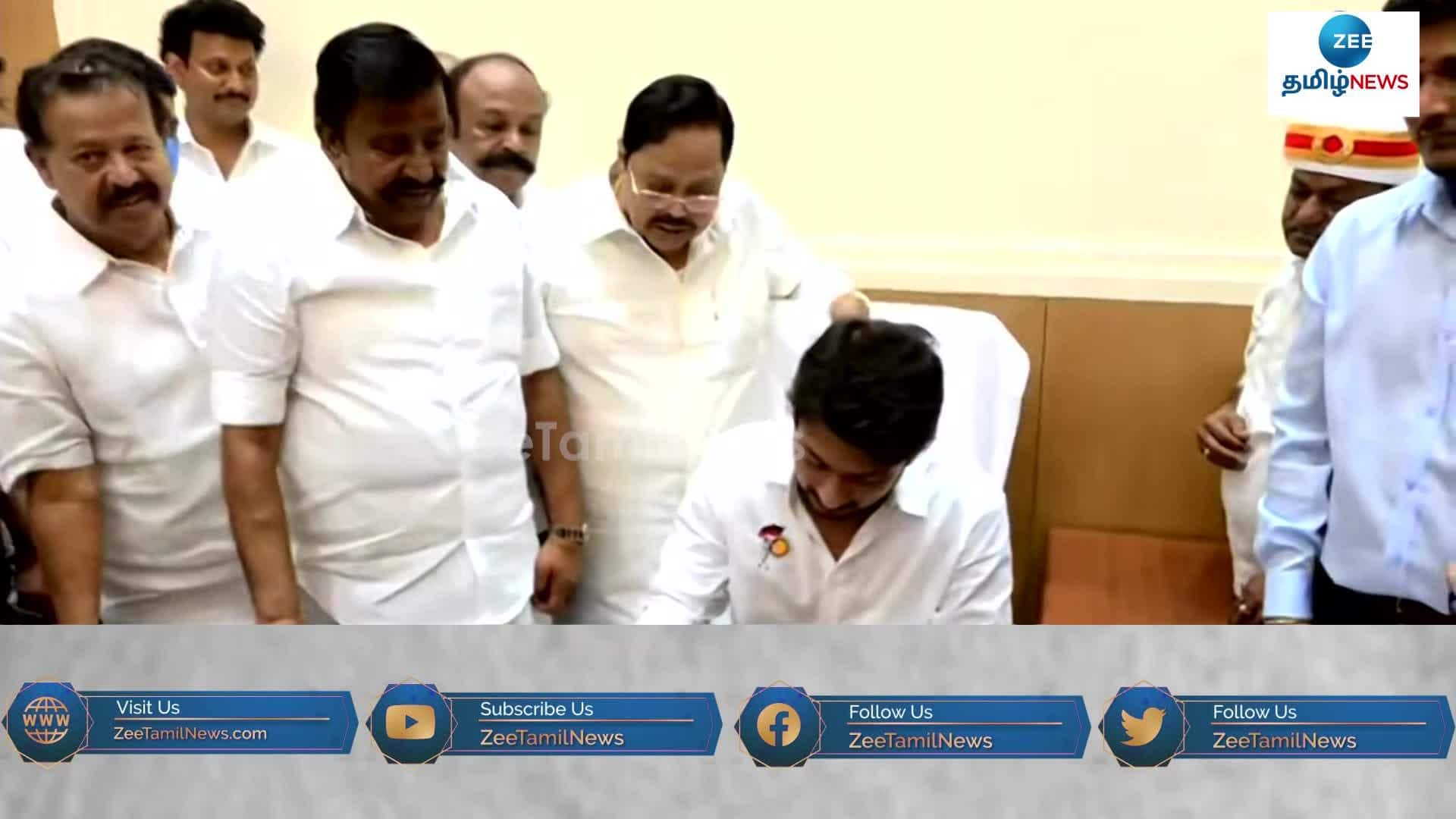 Udhayanidhi Stalin signs after taking charge as Minister ...