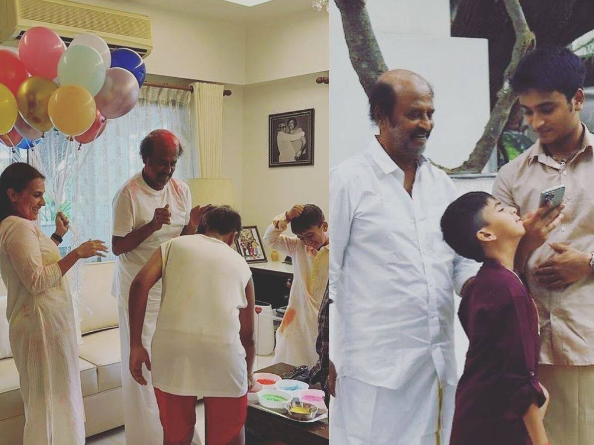 Actor Rajinikanth Celebrated Holi Festival With His Daughter Aishwarya ...
